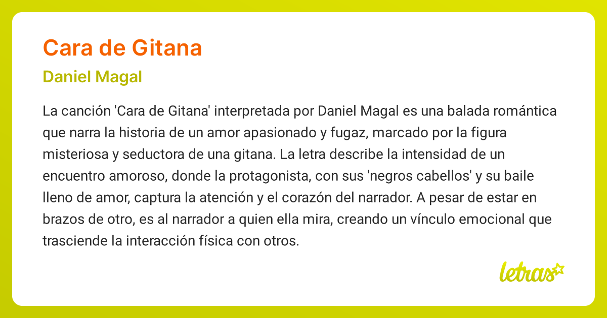 Significado de la canción CARA DE GITANA (Daniel Magal) - LETRAS.COM
