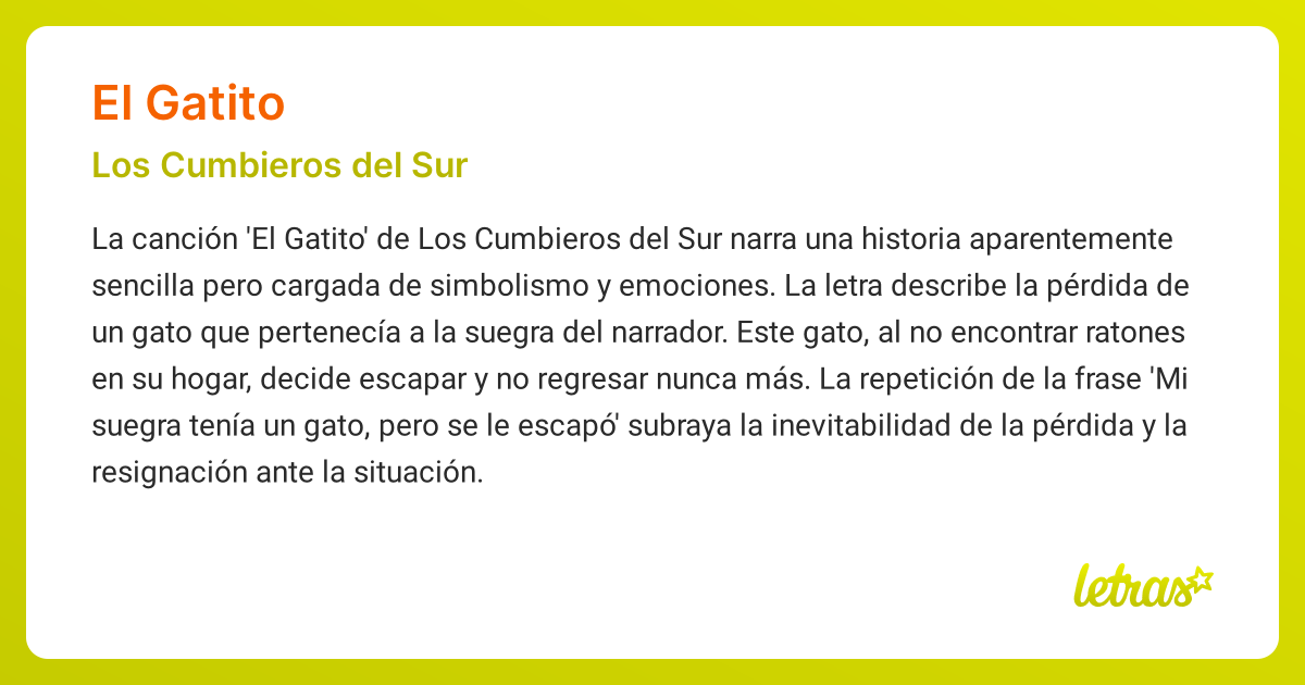 Significado de la canción EL GATITO (Los Cumbieros del Sur) - LETRAS.COM
