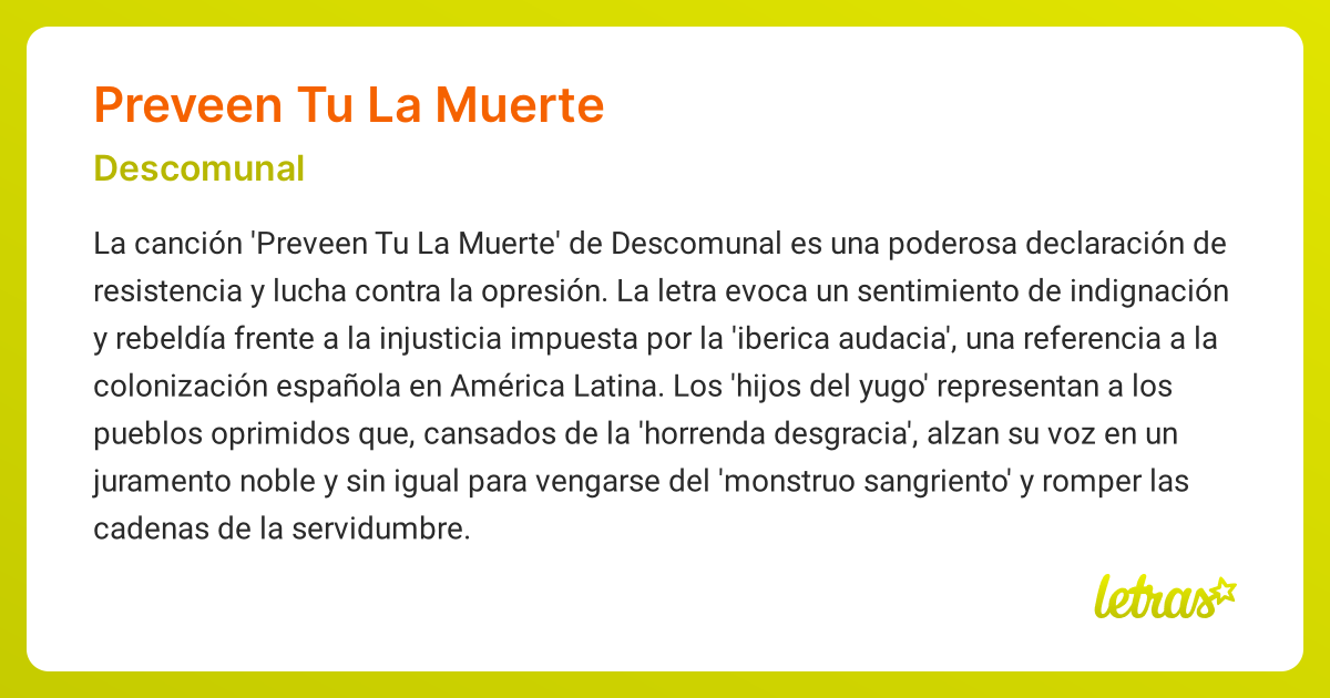 Significado de la canción PREVEEN TU LA MUERTE (Descomunal) - LETRAS.COM
