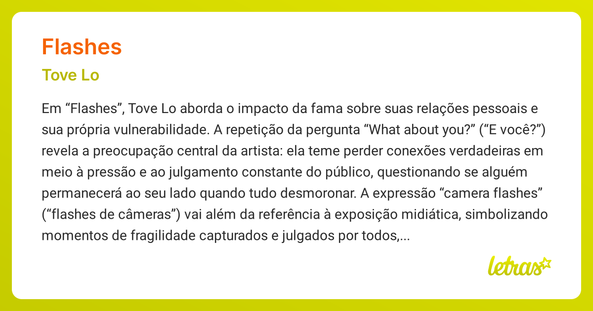 Significado da música FLASHES (Tove Lo) - LETRAS.MUS.BR