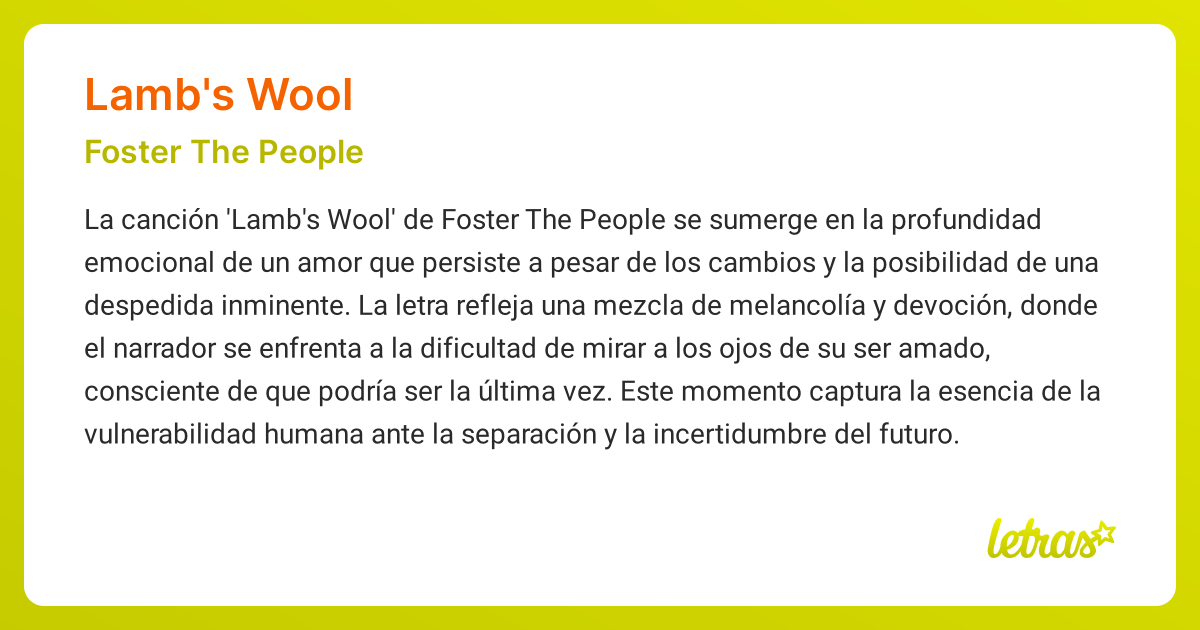Significado de la canción LAMB'S WOOL (Foster The People) - LETRAS.COM