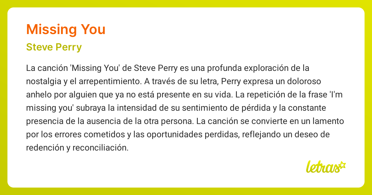 Significado de la canción MISSING YOU (Steve Perry) - LETRAS.COM