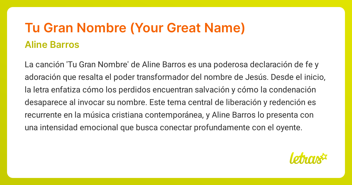 Significado de la canción Tu Gran Nombre (Your Great Name) (Aline ...