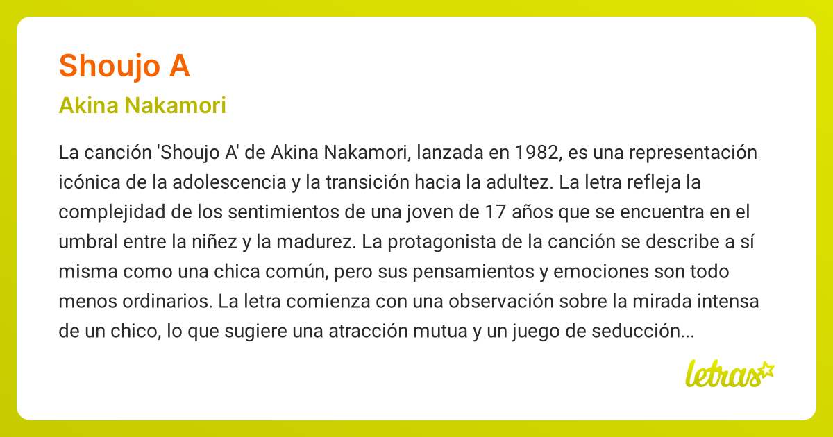 Significado de la canción SHOUJO A (Akina Nakamori) - LETRAS.COM