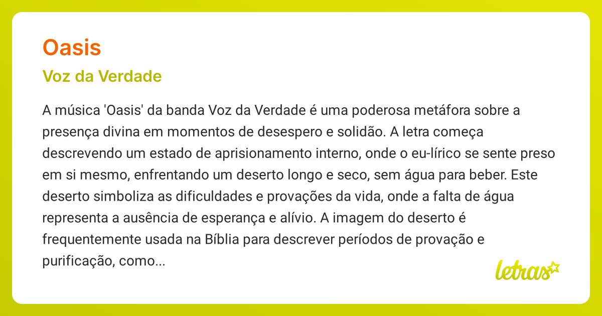 Significado da música OASIS (Voz da Verdade) - LETRAS.MUS.BR