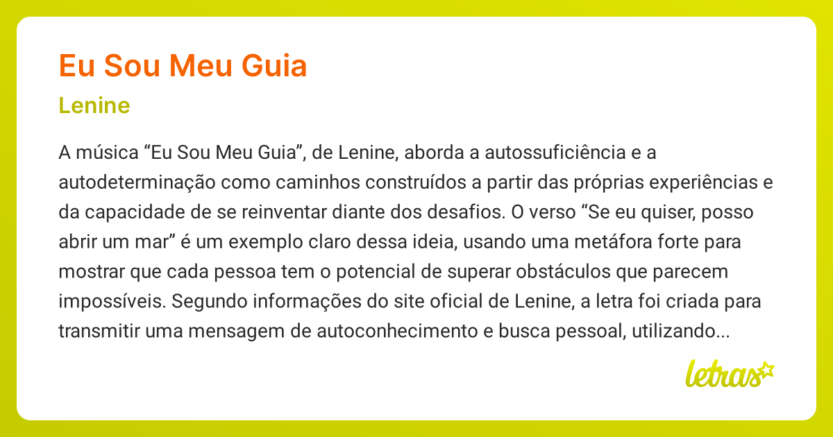 Significado da música EU SOU MEU GUIA (Lenine) - LETRAS.MUS.BR
