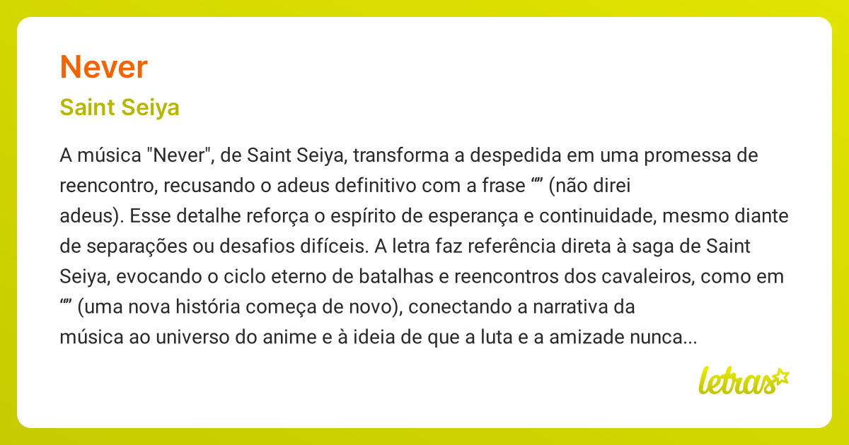 Significado da música NEVER (Saint Seiya) - LETRAS.MUS.BR