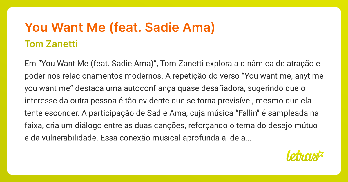 Significado da música YOU WANT ME (FEAT. SADIE AMA) (Tom Zanetti ...