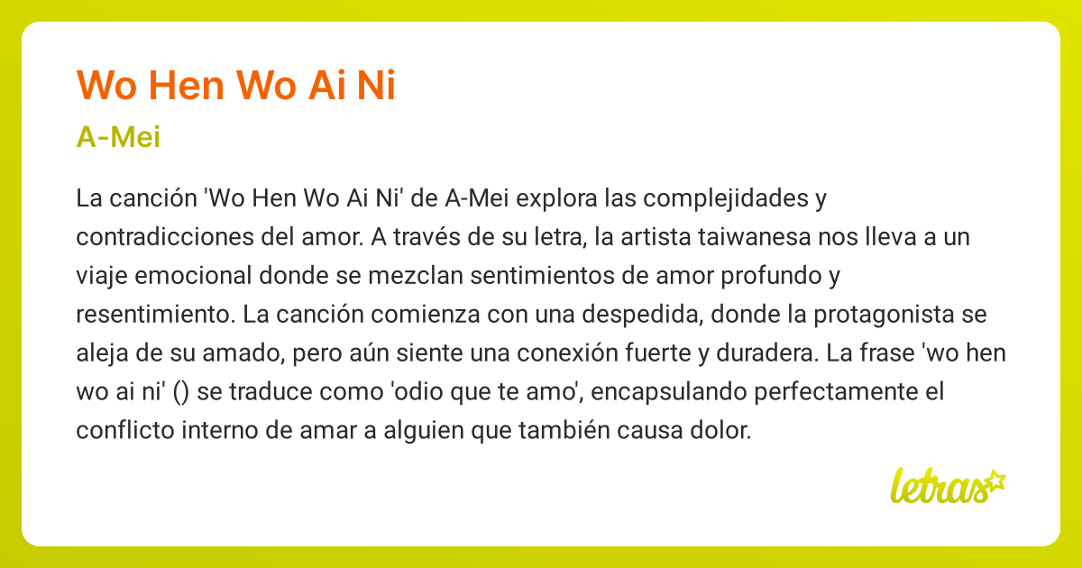 Significado de la canción WO HEN WO AI NI (A-Mei) - LETRAS.COM