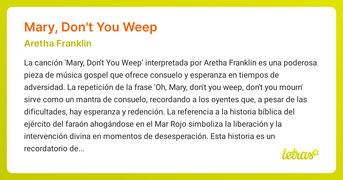 Significado de la canción MARY, DON'T YOU WEEP (Aretha Franklin ...