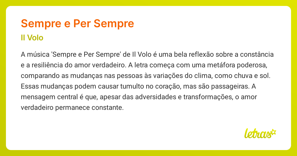 Significado da música SEMPRE E PER SEMPRE (Il Volo) - LETRAS.MUS.BR