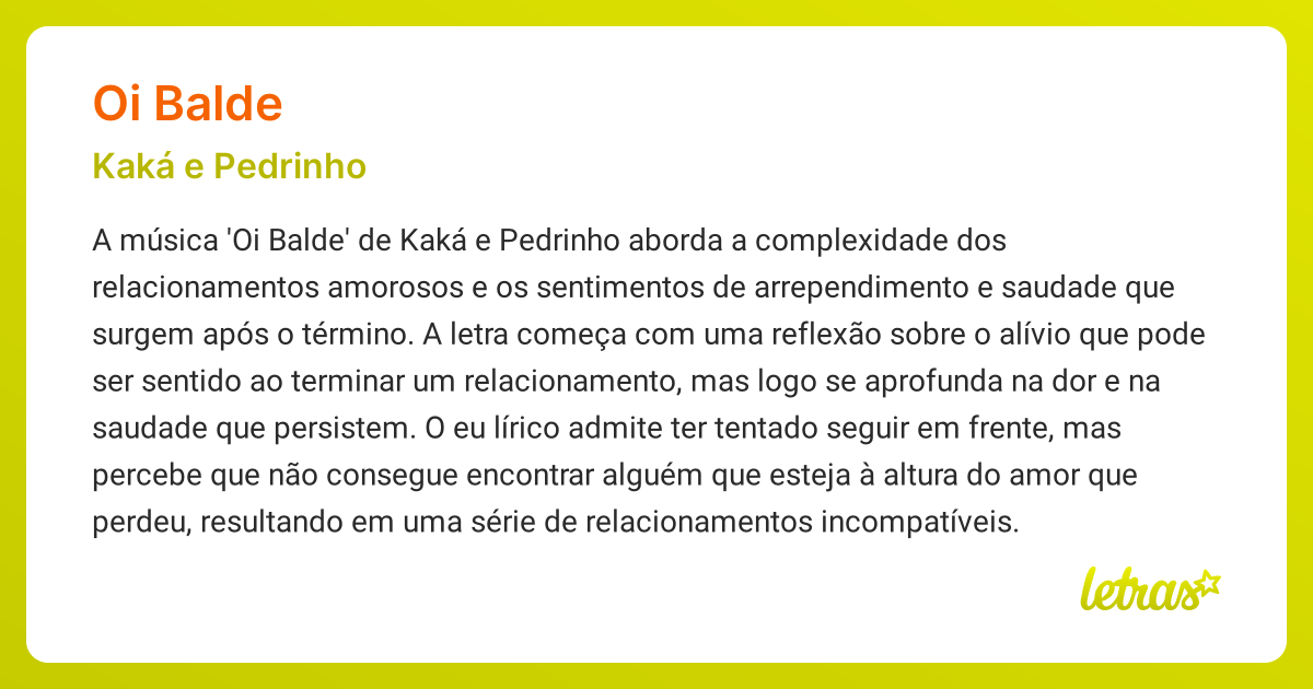 Significado da música OI BALDE (Kaká e Pedrinho) - LETRAS.MUS.BR