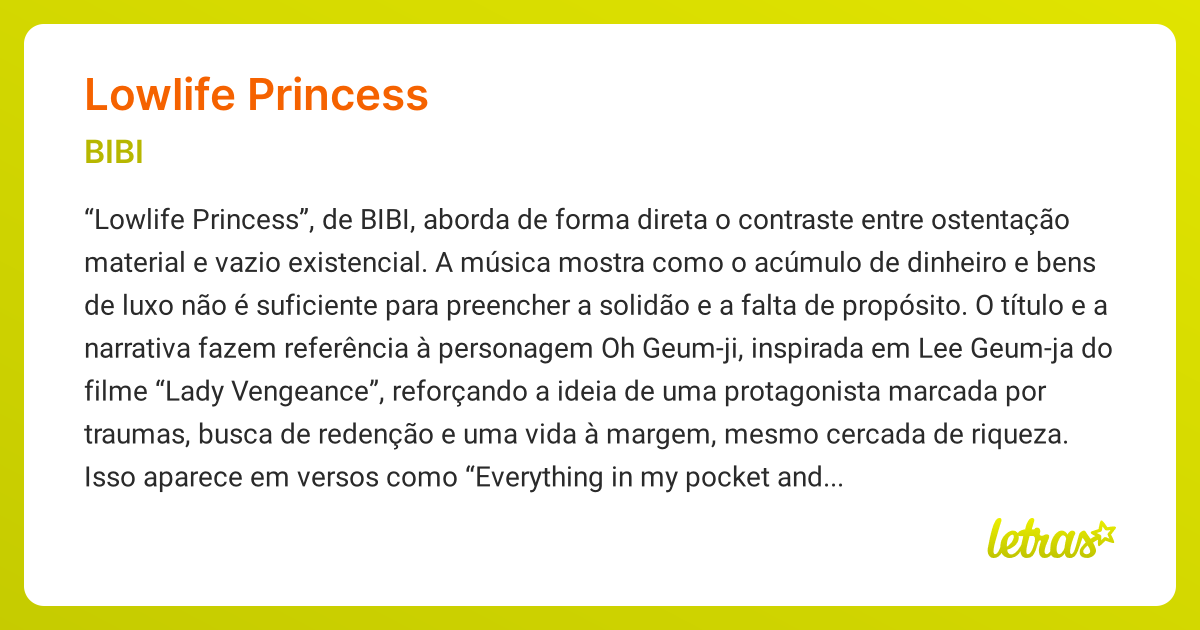 Significado da música LOWLIFE PRINCESS (BIBI) - LETRAS.MUS.BR