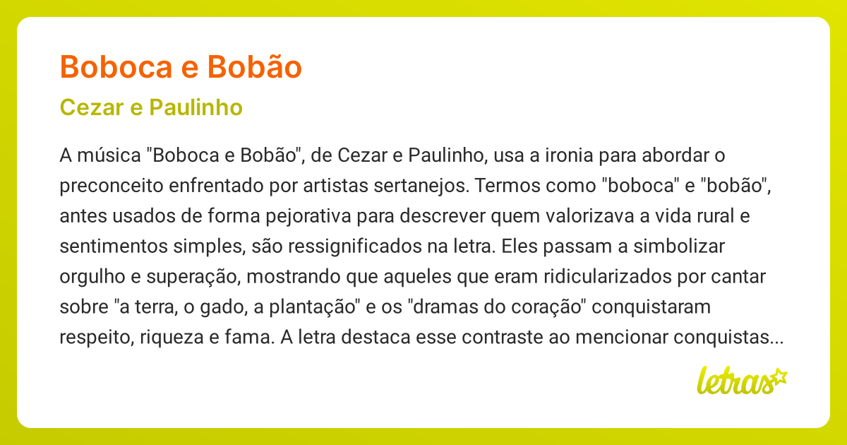Significado da música BOBOCA E BOBÃO (Cezar e Paulinho) - LETRAS.MUS.BR