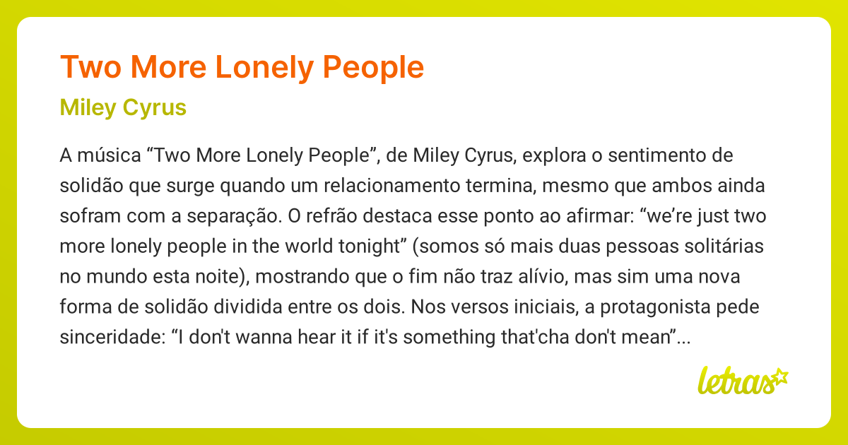 Significado da música TWO MORE LONELY PEOPLE (Miley Cyrus) - LETRAS.MUS.BR