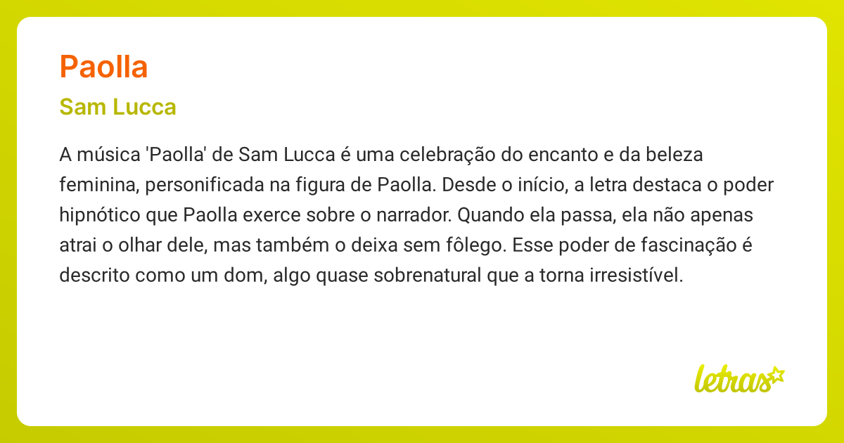 Significado da música PAOLLA (Sam Lucca) - LETRAS.MUS.BR