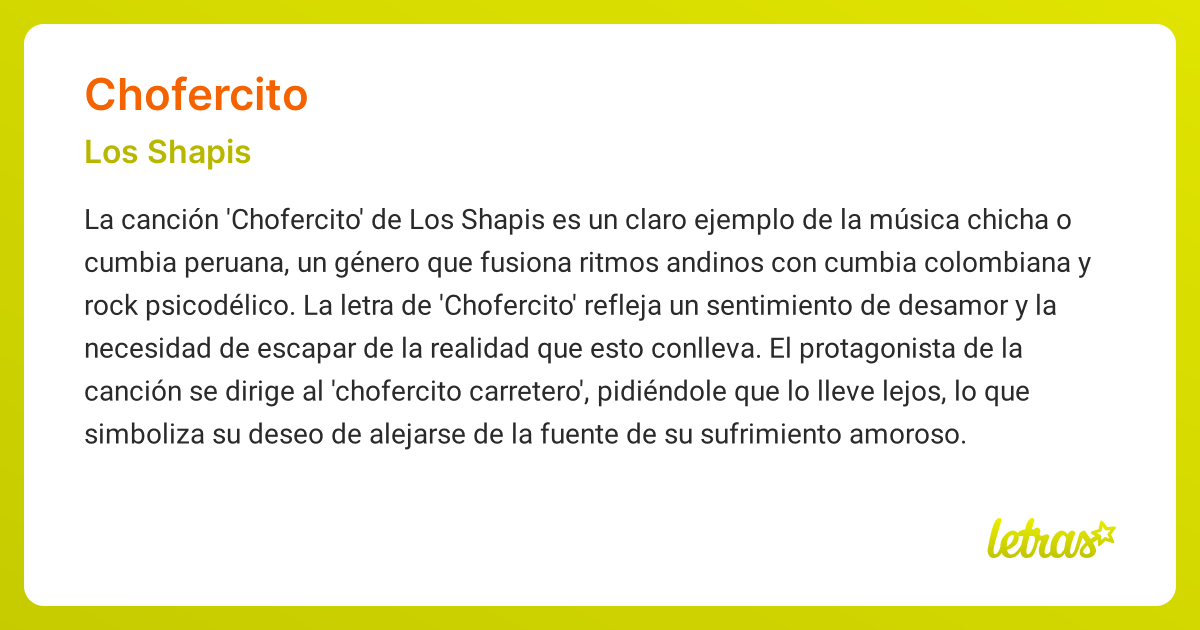 Significado de la canción CHOFERCITO (Los Shapis) - LETRAS.COM