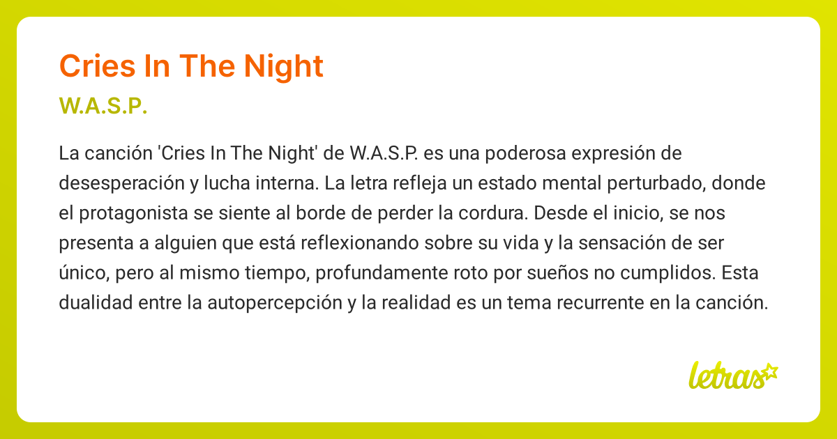 Significado de la canción CRIES IN THE NIGHT (W.A.S.P.) - LETRAS.COM