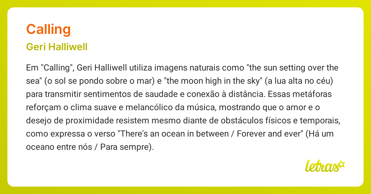 Significado da música CALLING (Geri Halliwell) - LETRAS.MUS.BR