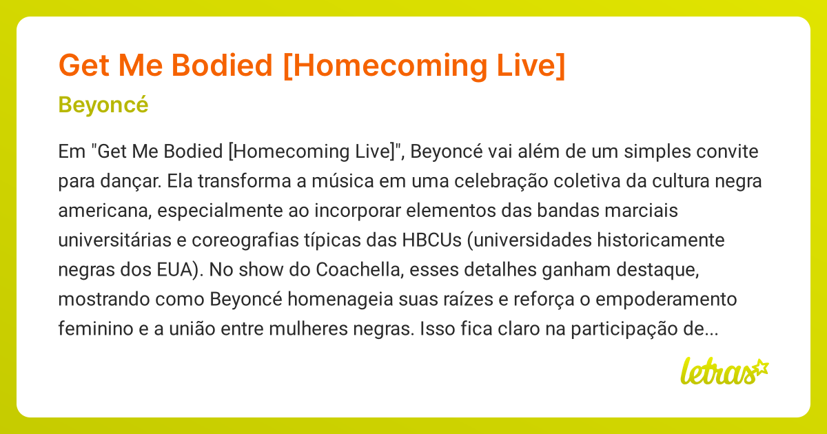 Significado da música Get Me Bodied [Homecoming Live] (Beyoncé ...
