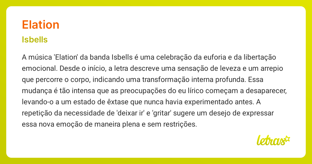 Significado da música ELATION (Isbells) - LETRAS.MUS.BR