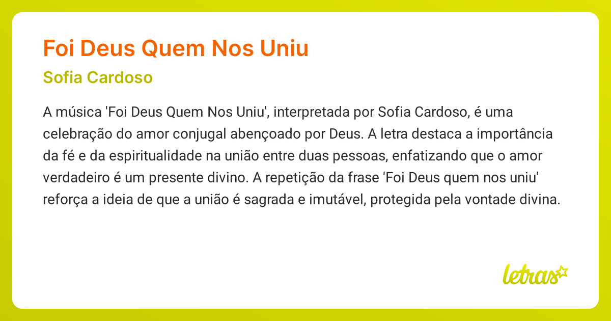 Significado da música FOI DEUS QUEM NOS UNIU (Sofia Cardoso) - LETRAS ...