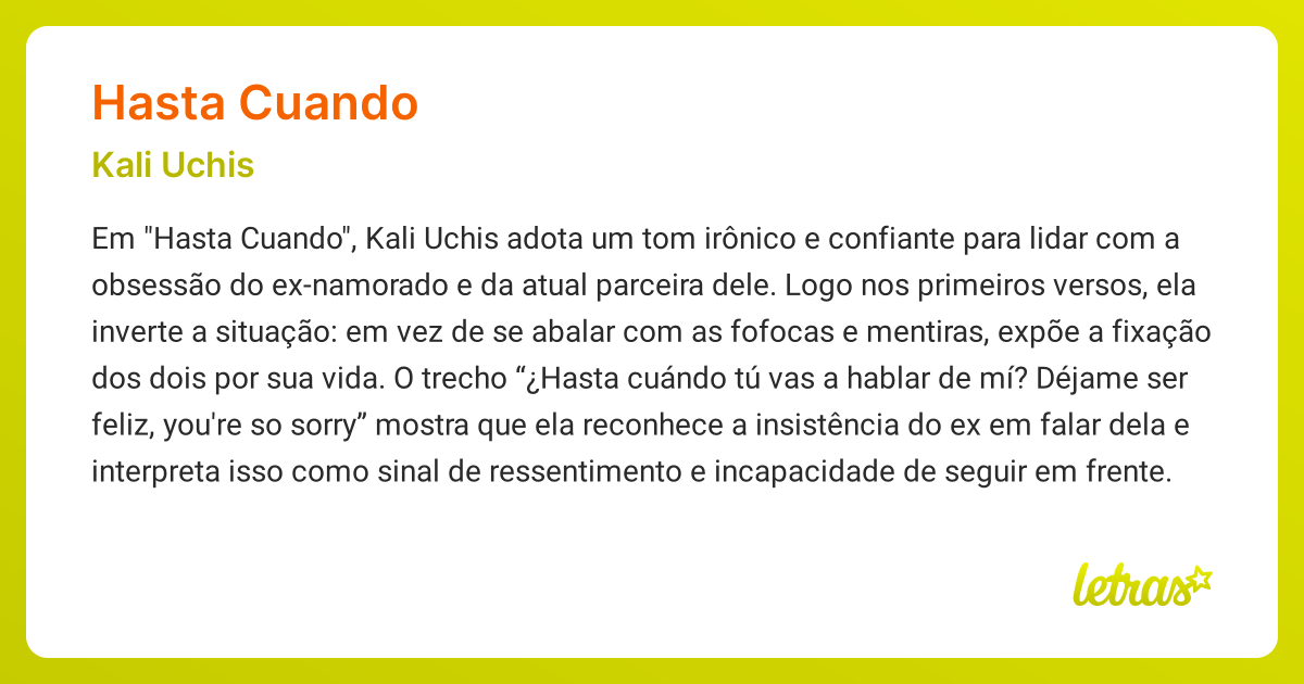 Significado da música HASTA CUANDO (Kali Uchis) - LETRAS.MUS.BR