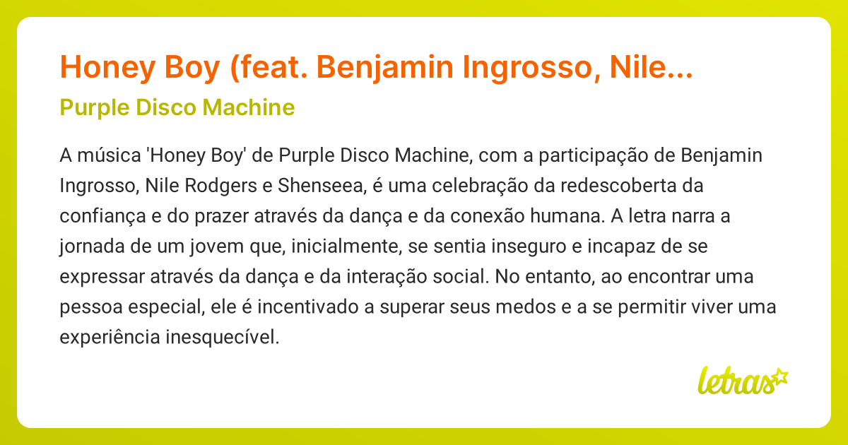 Significado da música Honey Boy (feat. Benjamin Ingrosso, Nile Rodgers & Shenseea) (Purple Disco ...