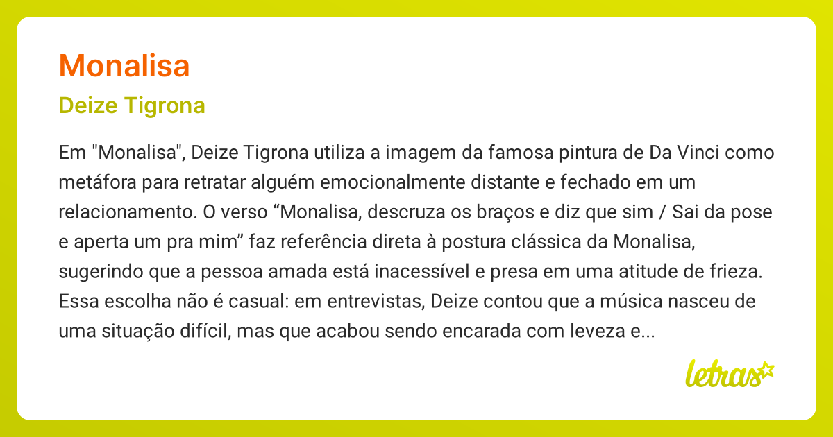 Significado da música MONALISA (Deize Tigrona) - LETRAS.MUS.BR