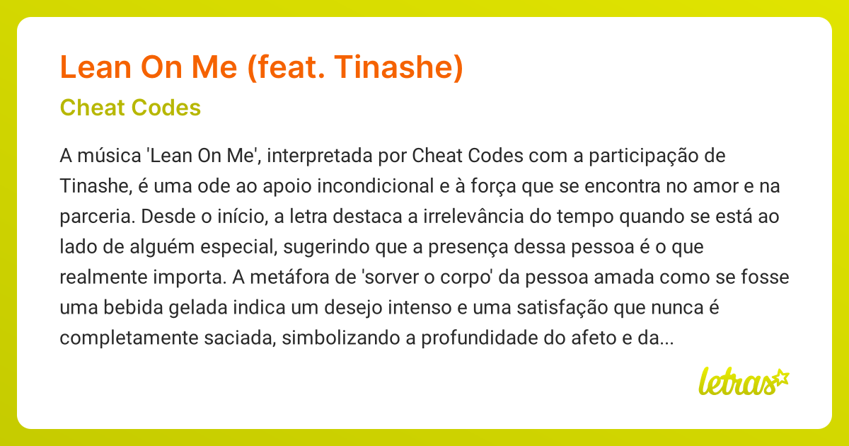 Significado da música LEAN ON ME (FEAT. TINASHE) (Cheat Codes) - LETRAS.MUS.BR