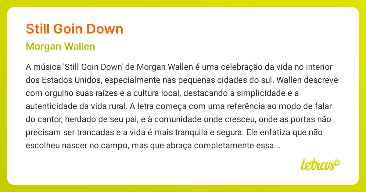 Significado da música STILL GOIN DOWN (Morgan Wallen) - LETRAS.MUS.BR