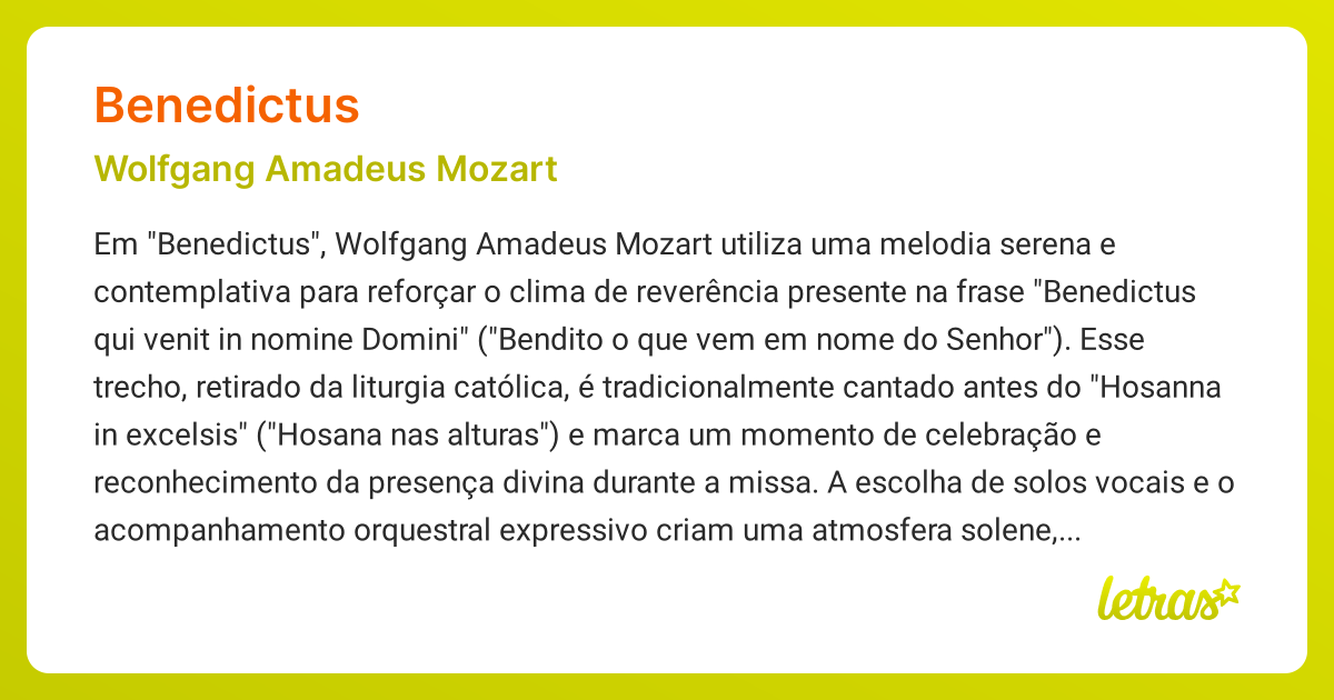 Significado da música BENEDICTUS (Wolfgang Amadeus Mozart) - LETRAS.MUS.BR