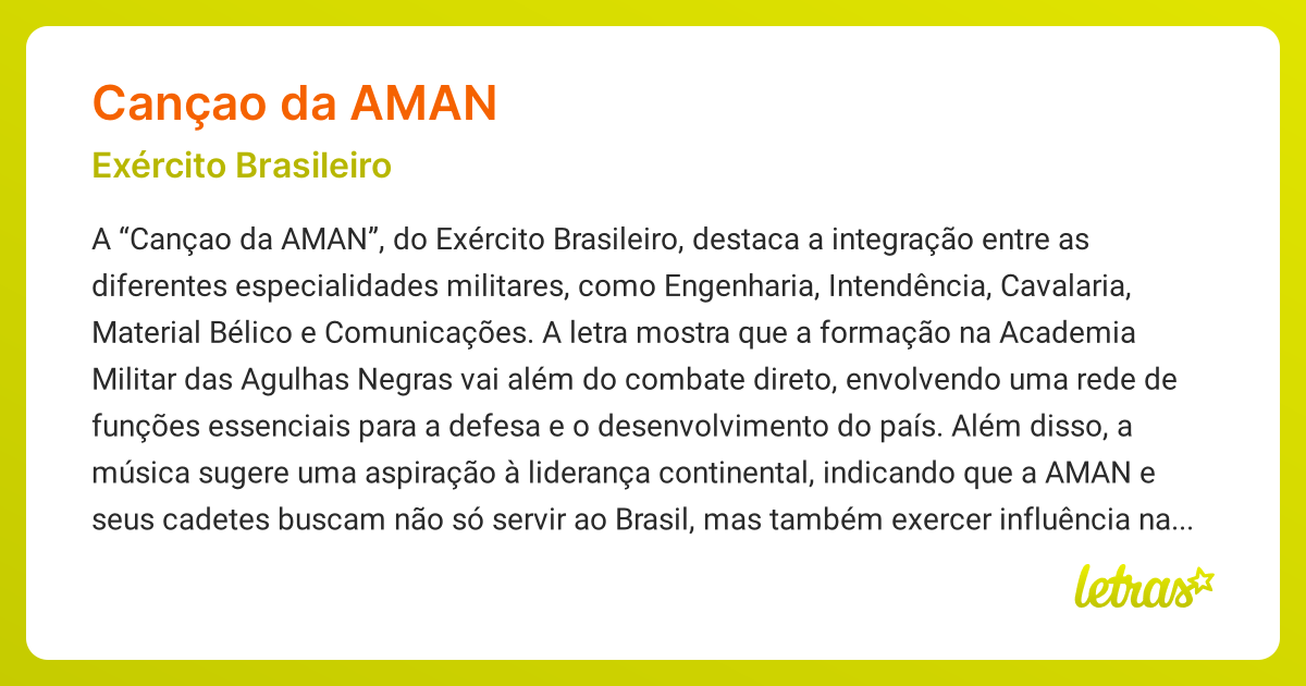 Significado da música CANÇAO DA AMAN (Exército Brasileiro) - LETRAS.MUS.BR