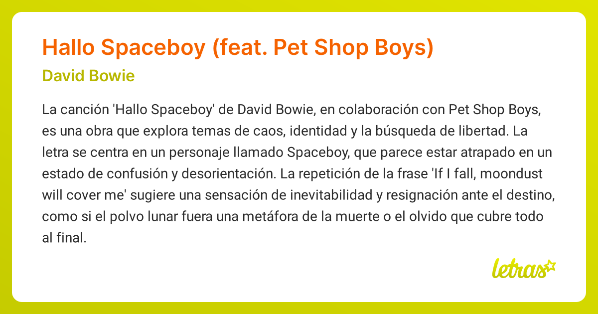 Significado de la canción Hallo Spaceboy (feat. Pet Shop Boys) (David Bowie) - LETRAS.COM