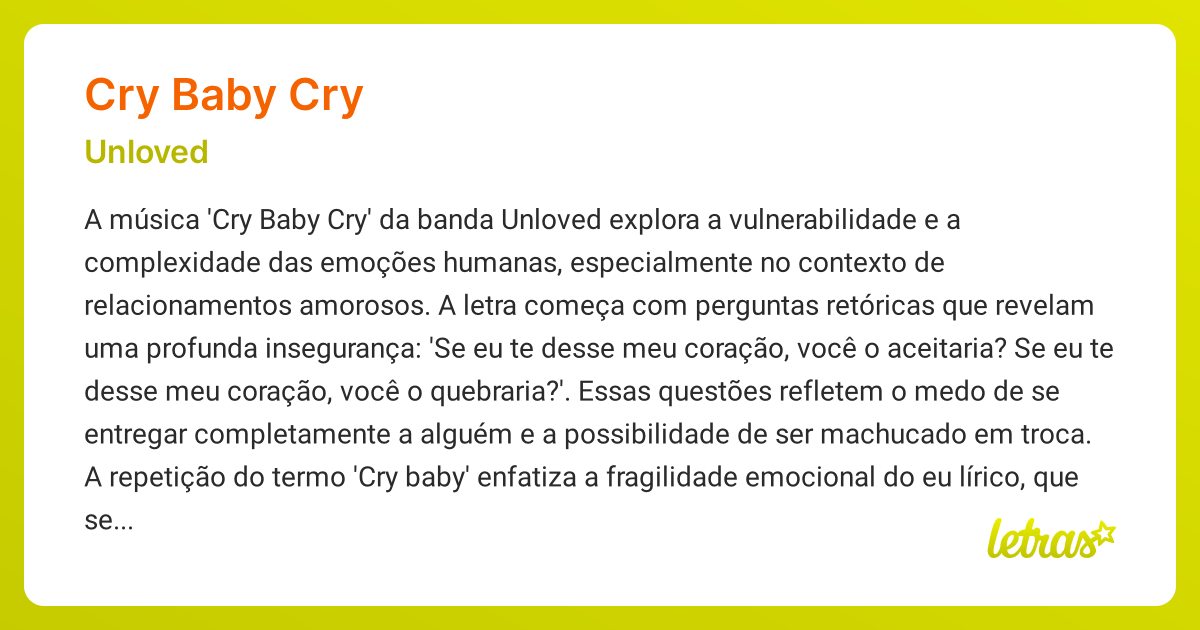 Significado da música CRY BABY CRY (Unloved) - LETRAS.MUS.BR
