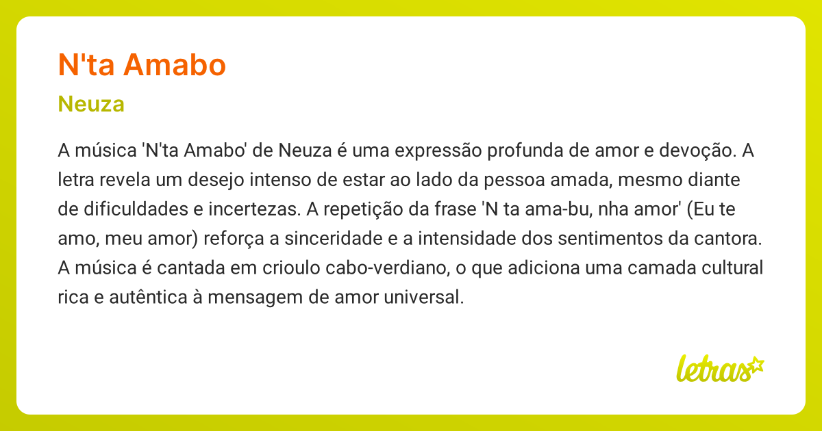 Significado da música N'TA AMABO (Neuza) - LETRAS.MUS.BR