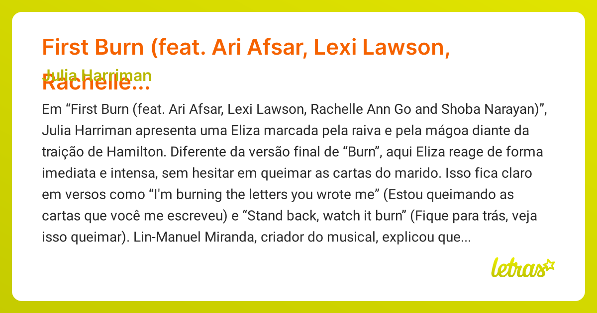 Significado da música First Burn (feat. Ari Afsar, Lexi Lawson ...