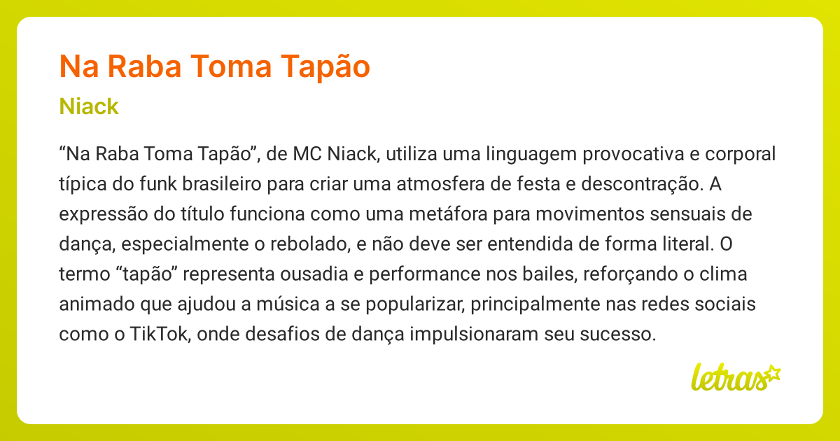 Significado da música NA RABA TOMA TAPÃO (MC Niack) - LETRAS.MUS.BR