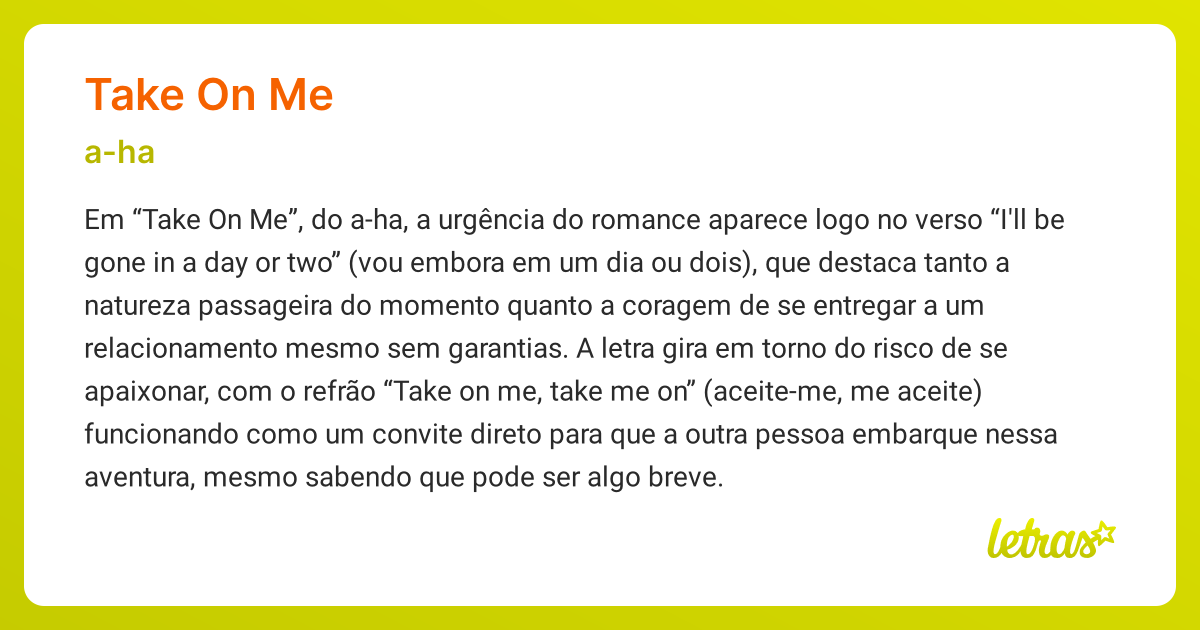 Significado da música TAKE ON ME (a-ha) - LETRAS.MUS.BR