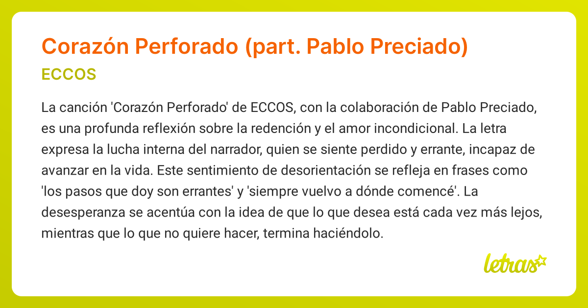 Significado de la canción Corazón Perforado (part. Pablo Preciado) (ECCOS) - LETRAS.COM