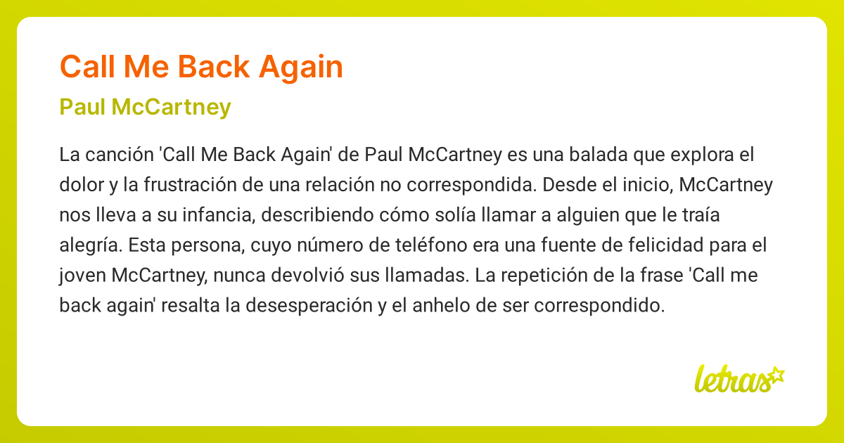 Significado de la canción CALL ME BACK AGAIN (Paul McCartney) - LETRAS.COM