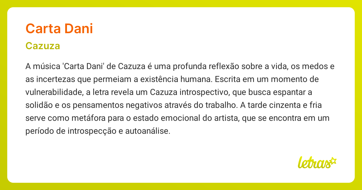Significado da música CARTA DANI (Cazuza) - LETRAS.MUS.BR