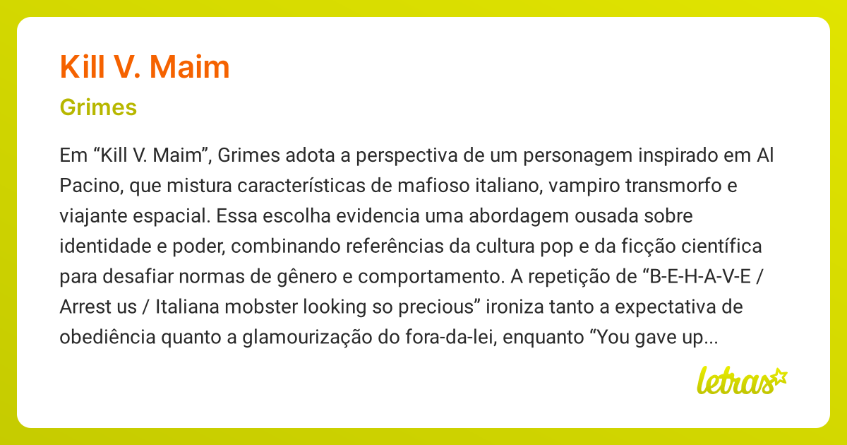 Significado da música KILL V. MAIM (Grimes) - LETRAS.MUS.BR