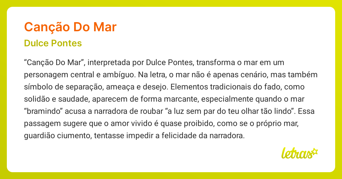 Significado da música CANÇÃO DO MAR (Dulce Pontes) - LETRAS.MUS.BR
