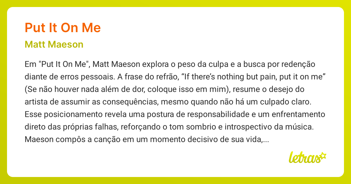 Significado da música PUT IT ON ME (Matt Maeson) - LETRAS.MUS.BR