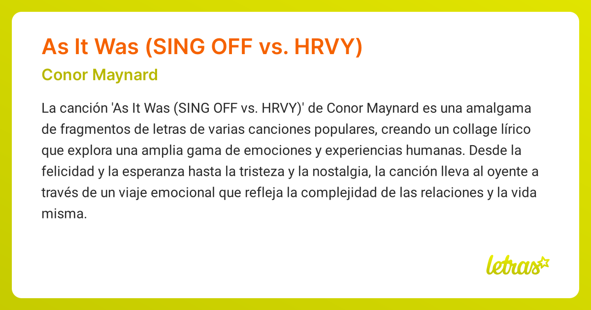 Significado de la canción AS IT WAS (SING OFF VS. HRVY) (Conor Maynard ...