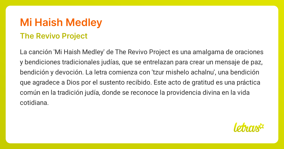Significado de la canción MI HAISH MEDLEY (The Revivo Project) - LETRAS.COM