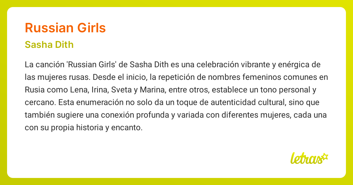 Significado de la canción RUSSIAN GIRLS (Sasha Dith) - LETRAS.COM