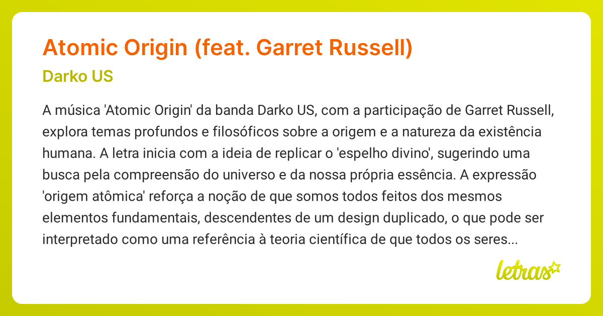 Significado da música Atomic Origin (feat. Garret Russell) (Darko US ...