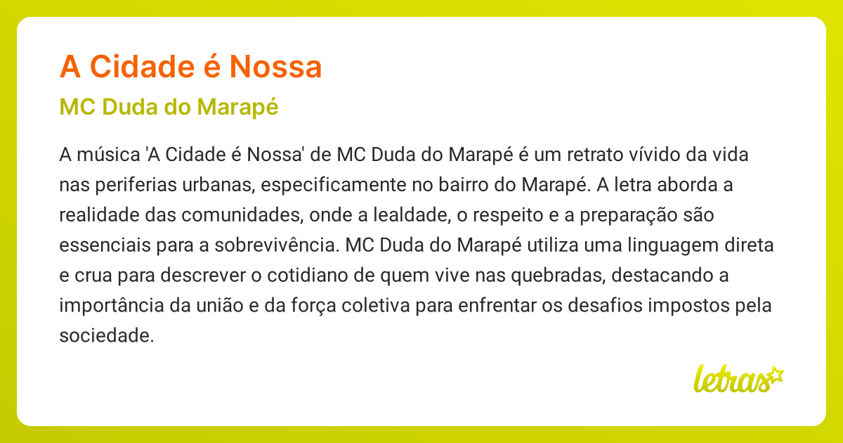 Significado da música A CIDADE É NOSSA (MC Duda do Marapé) - LETRAS.MUS.BR
